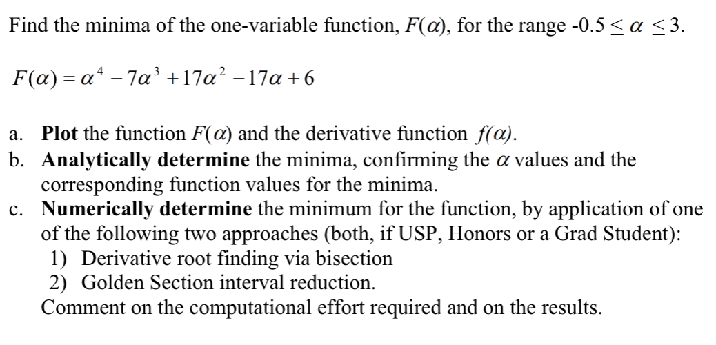 Solved Find the minima of the one-variable function, F(α), | Chegg.com