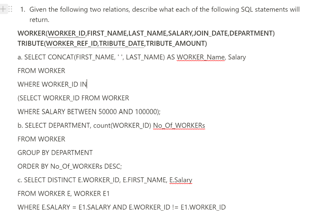 Solved + 1. Given the following two relations, describe what | Chegg.com