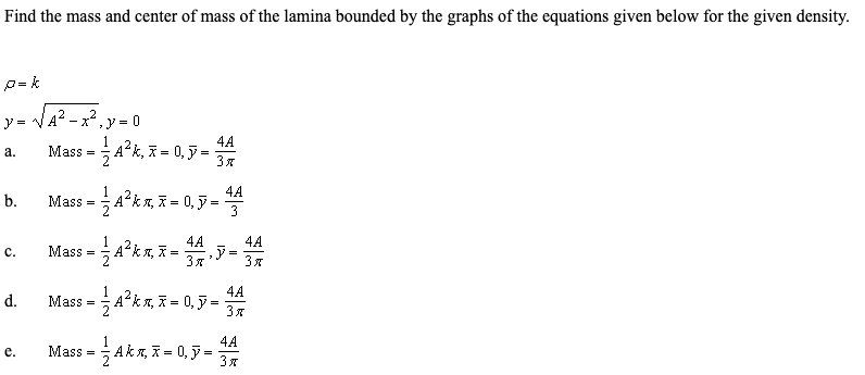 Solved Find the mass and center of mass of the lamina | Chegg.com