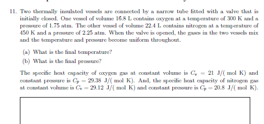 Solved 11. Two thermally insulated vessels are connected by | Chegg.com