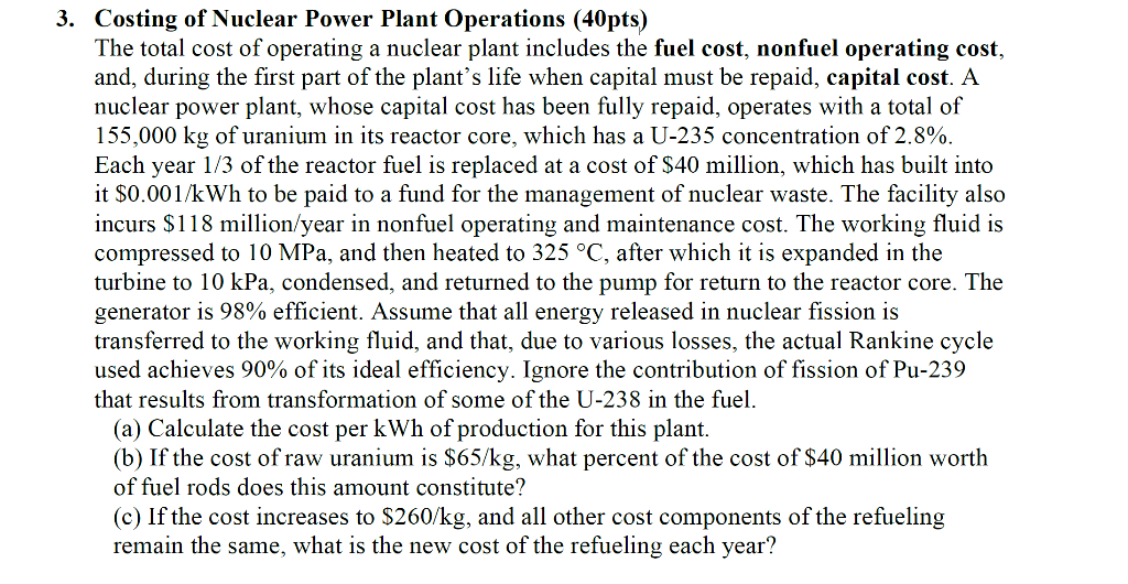 3. Costing of Nuclear Power Plant Operations (40pts) | Chegg.com