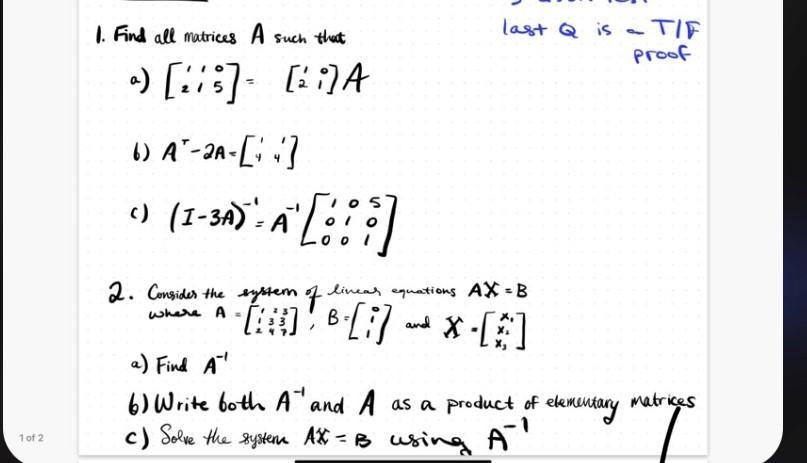 Solved 1. Find all matrices A such that last Q is −T/F b) | Chegg.com