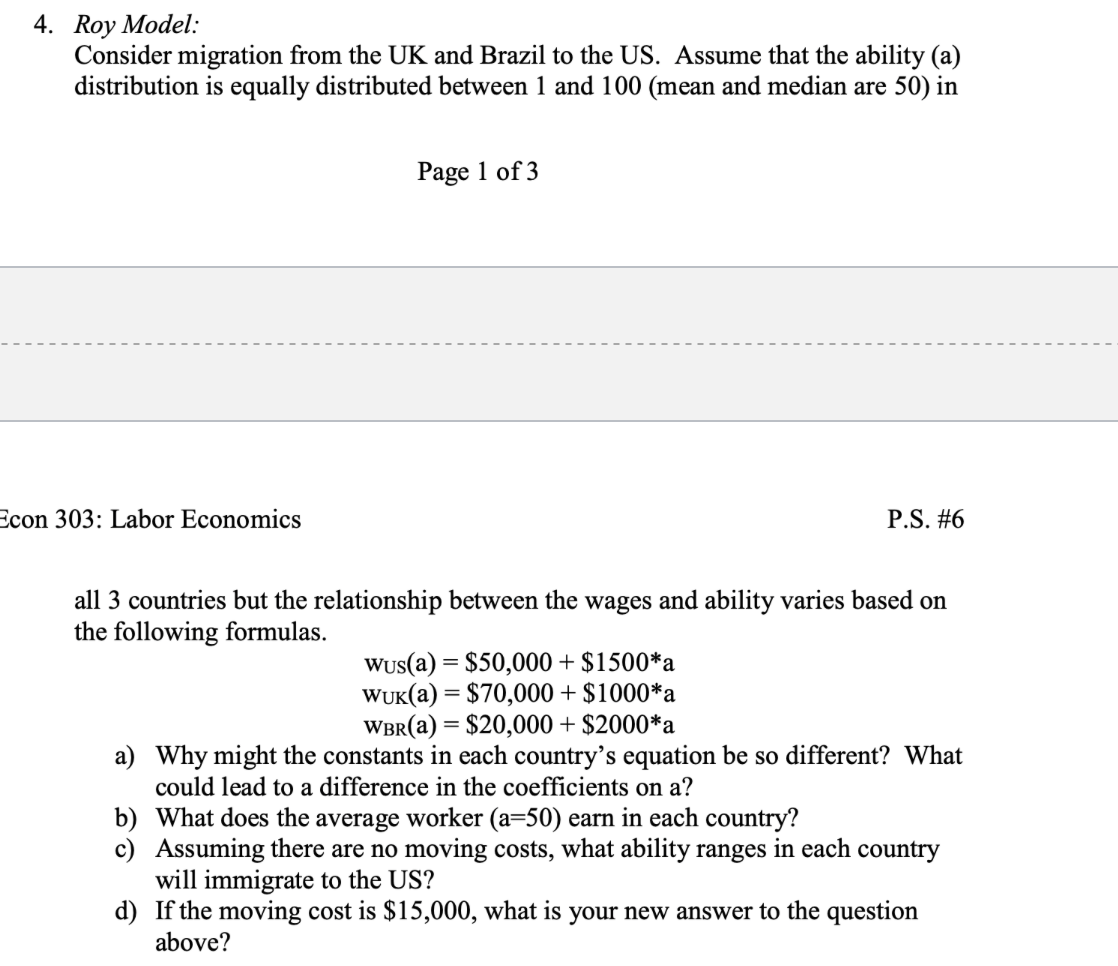 Solved 4. Roy Model: Consider migration from the UK and | Chegg.com