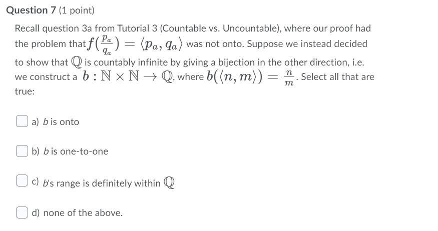 Solved Question 7 (1 point) Recall question 3a from Tutorial | Chegg.com