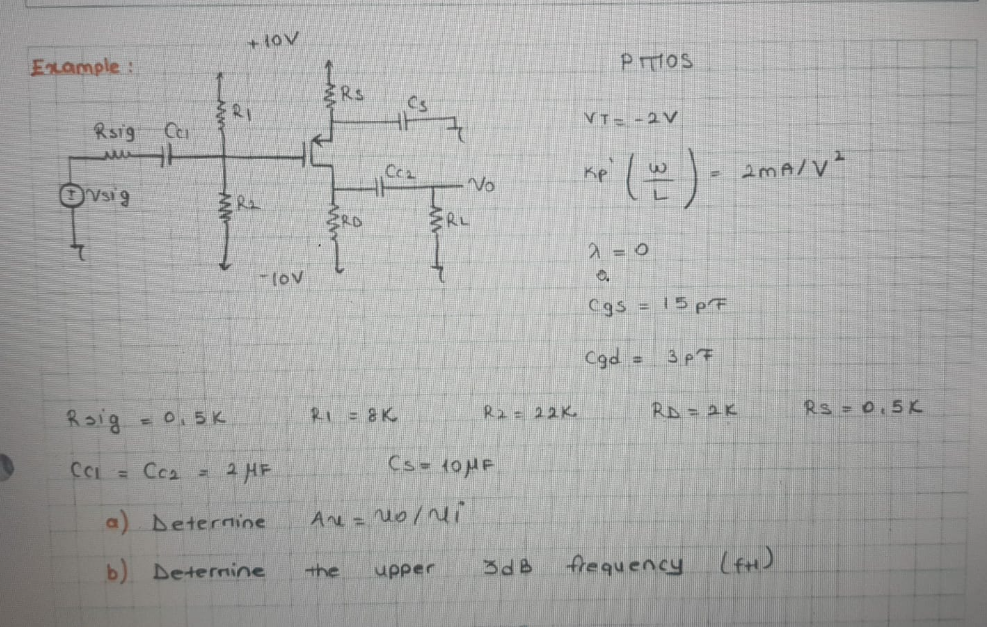 Solved Pmos VT=−2V Kp′(Lω)=2mA/V2 λ=0 cgs=15pF Cgd=3p7 R sig | Chegg.com