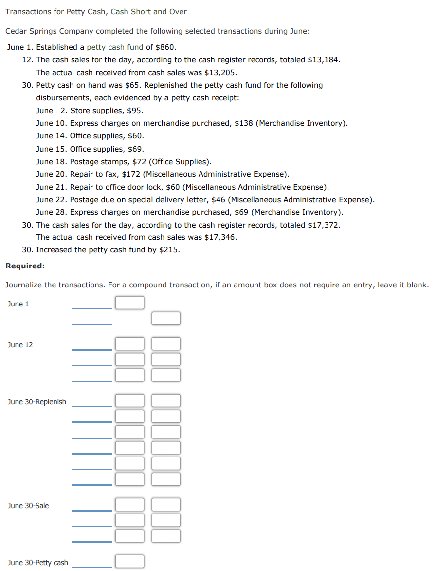 Solved Transactions for Petty Cash, Cash Short and Over | Chegg.com
