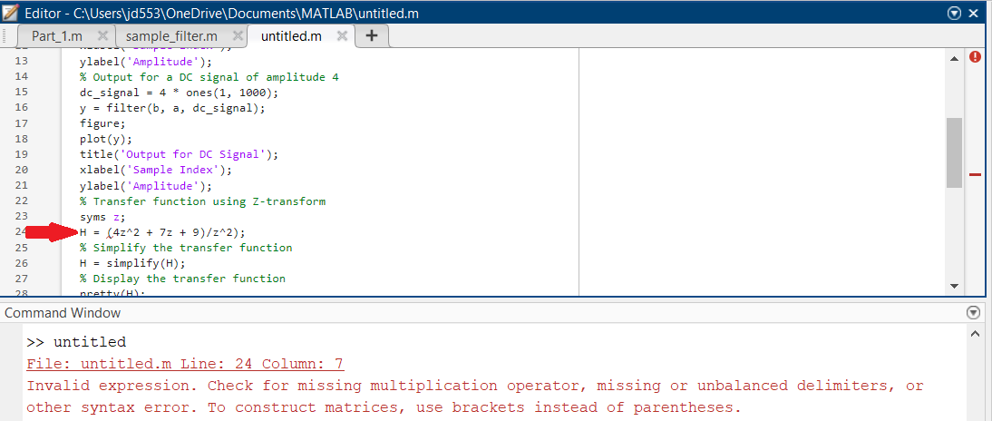 Solved Hi, I'm getting an error on Matlab and can't figure | Chegg.com