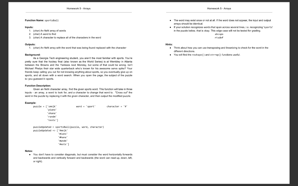 Solved Hamework 5-Arrays Hamework 5 Arrays Function Name: | Chegg.com
