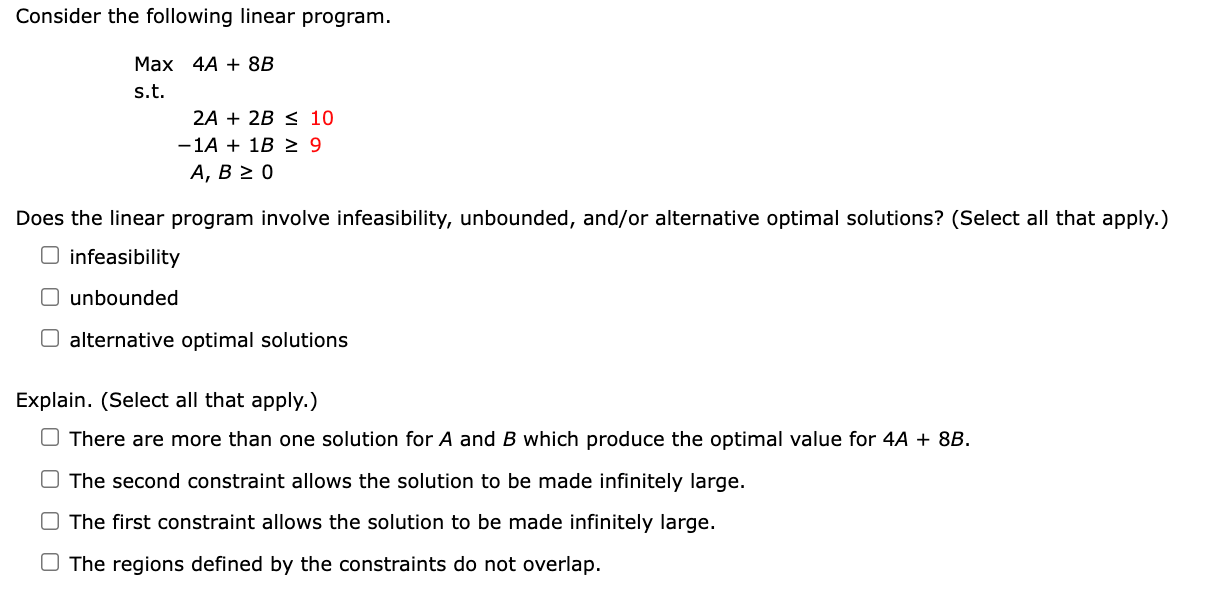 Solved Consider the following linear program. Max 4A+8B s.t. | Chegg.com