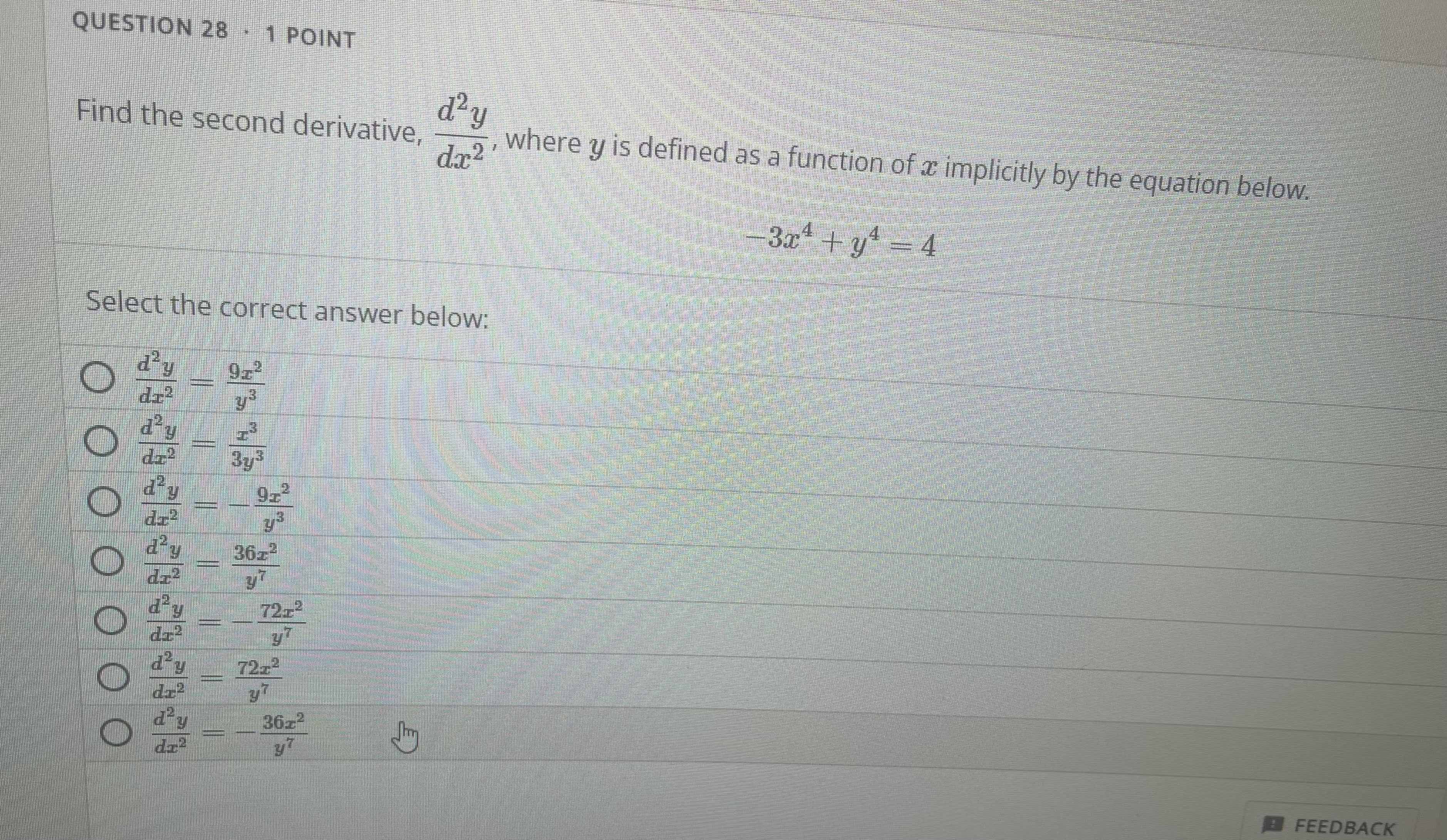 Solved QUESTION 28 - 1 POINT Find the second derivative, | Chegg.com