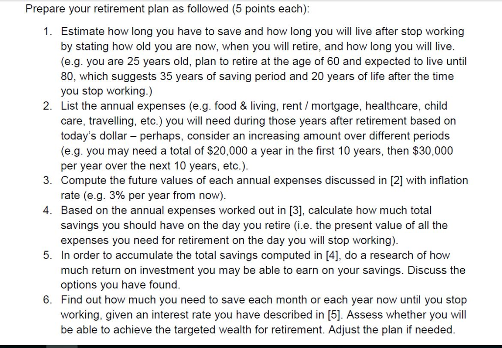 Solved Prepare your retirement plan as followed (5 points | Chegg.com