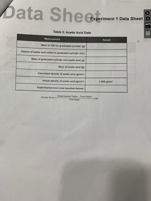 ata Sheet Experiment 1 Data Sheet 3 Table 3: Acetic | Chegg.com