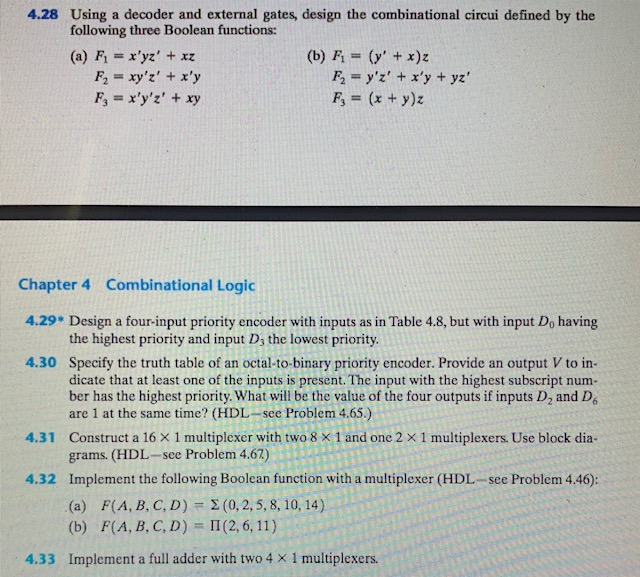 Solved 4.28 Using a decoder and external gates, design the | Chegg.com