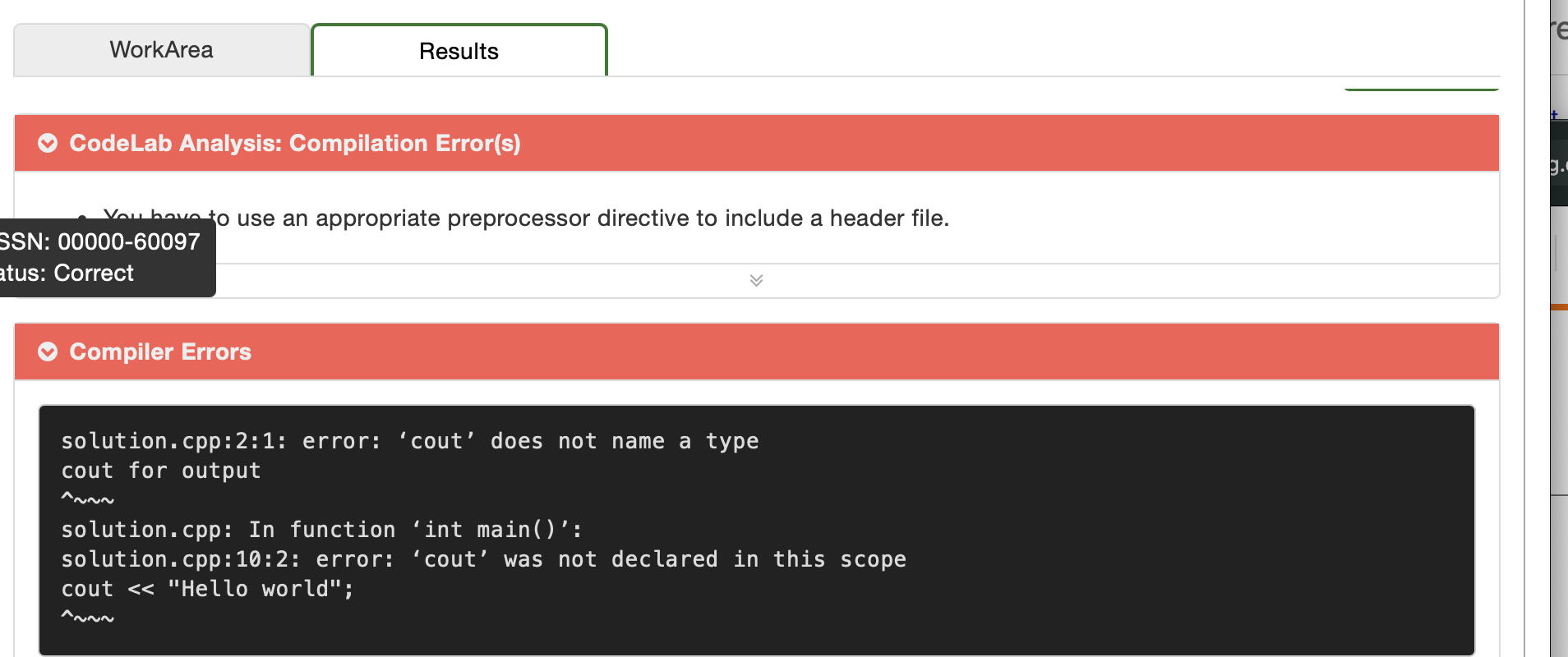 Solved CH2: Intro to C++ > 10733 x € Work Area Results | Chegg.com