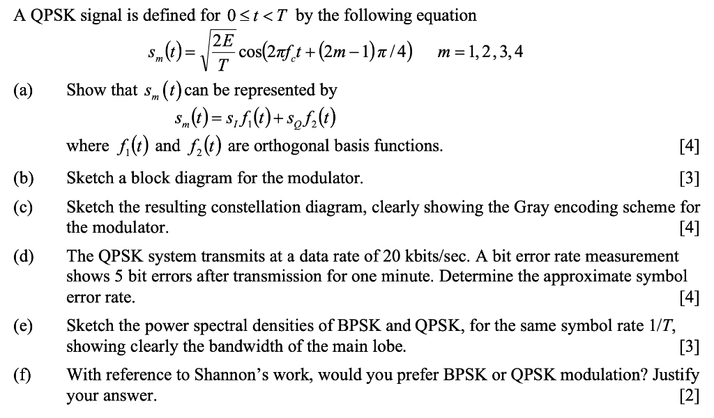 Solved 2E „(t)= , A QPSK signal is defined for 0 | Chegg.com