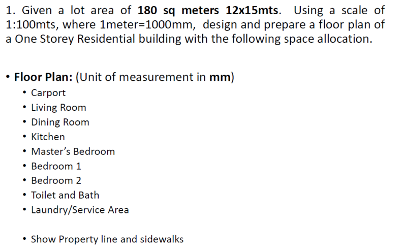 1. Given a lot area of 180 sq meters 12x15mts. Using | Chegg.com
