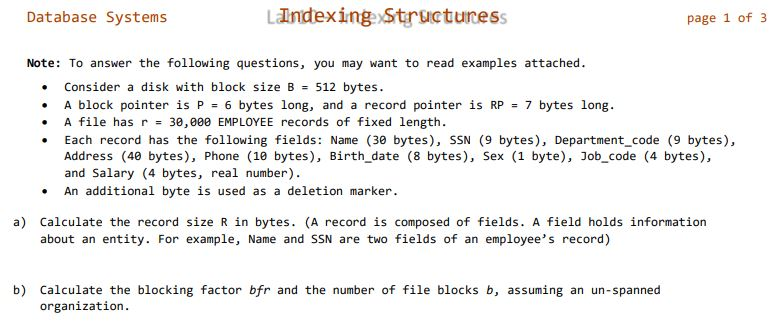 Solved DATABASE SYSTEMS - INDEXING JUST ANSWER (A, B) Please | Chegg.com