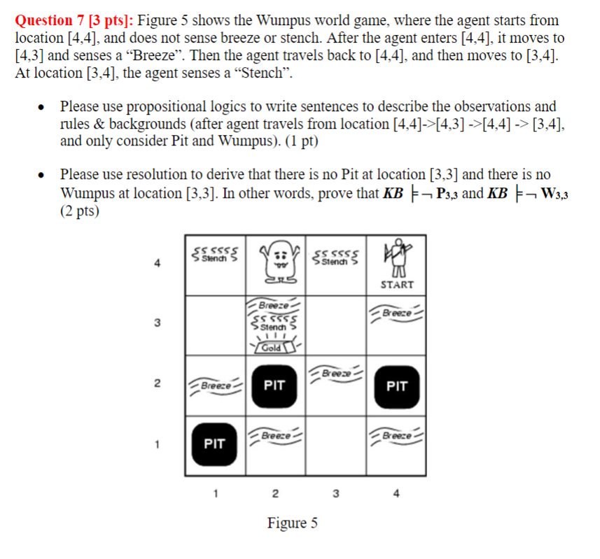 Solved Question 7 [3 pts]: Figure 5 shows the Wumpus world | Chegg.com