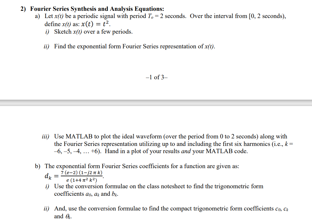 Solved 2 Fourier Series Synthesis And Analysis Equations