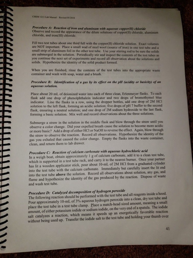 Solved CHEM 1211 Lab Manual Revised 05/2018 Procedure A: | Chegg.com