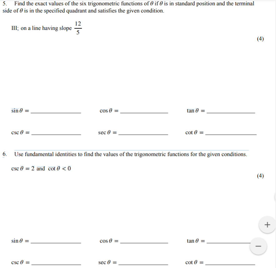 Solved 5. Find the exact values of the six trigonometric | Chegg.com