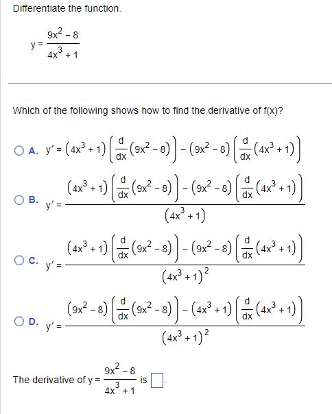 Solved Differentiate the function. y=4x3+19x2−8 Which of the | Chegg.com