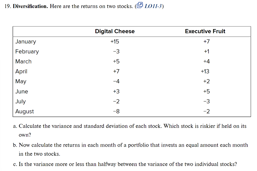 Solved 19. Diversification. Here are the returns on two | Chegg.com