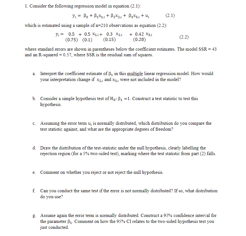 Solved 1. Consider the following regression model in | Chegg.com