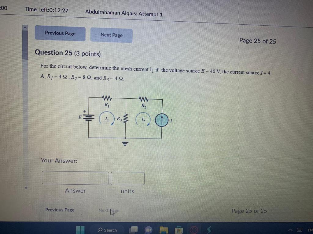 Solved For the circuit below, determine the mesh current I1 | Chegg.com