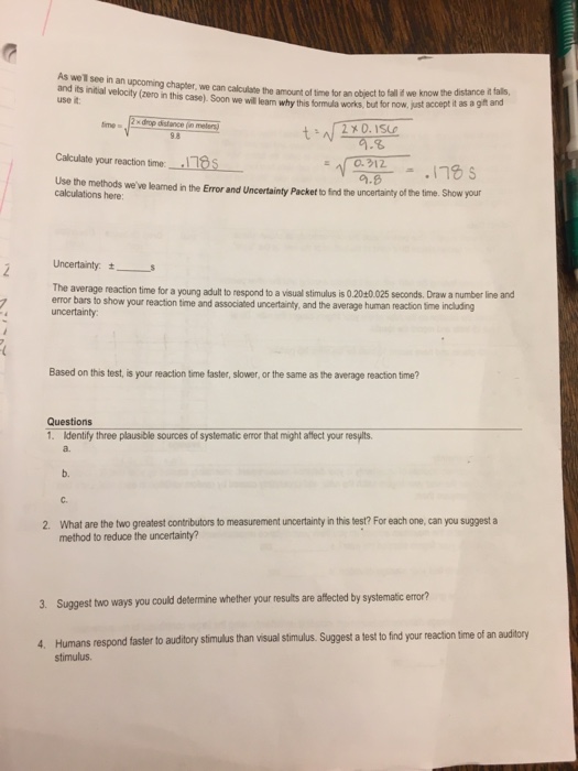 Physics Activity Measuring Reaction Time and Error | Chegg.com