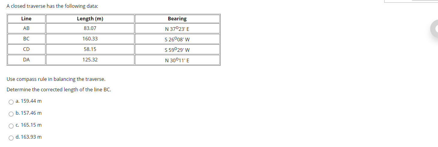 Solved A closed traverse has the following data: Line Length | Chegg.com
