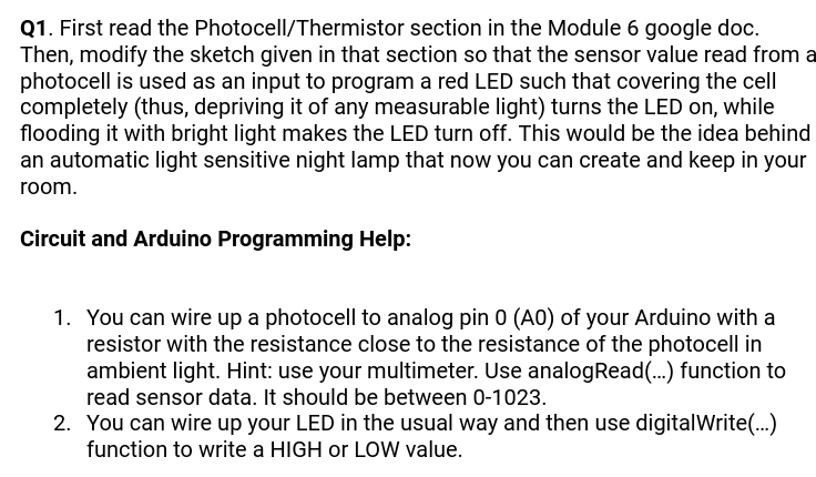 Solved Q1. First read the Photocell/Thermistor section in | Chegg.com