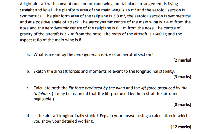 Solved A light aircraft with conventional monoplane wing and | Chegg.com