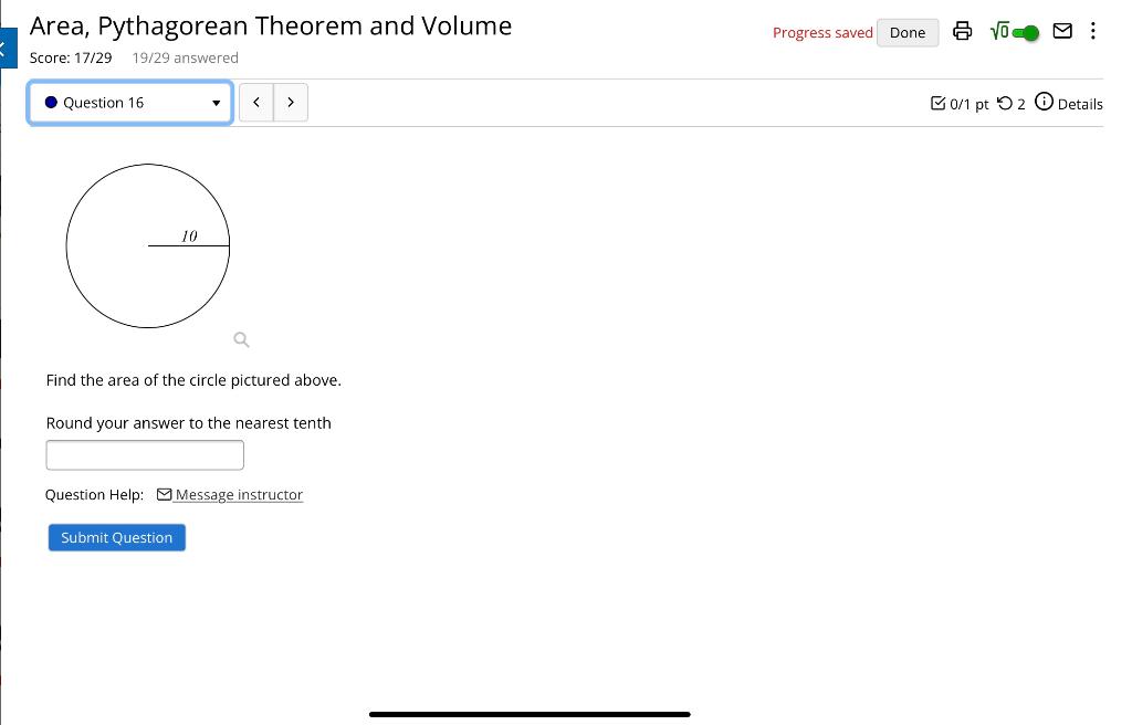 Solved Area, Pythagorean Theorem and Volume Progress saved | Chegg.com