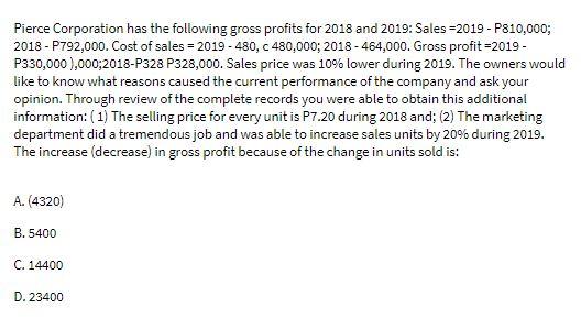 Solved Pierce Corporation has the following gross profits | Chegg.com