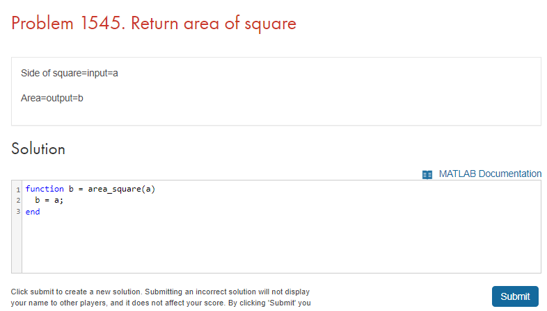 Solved Problem 1545. Return area of square Side of | Chegg.com
