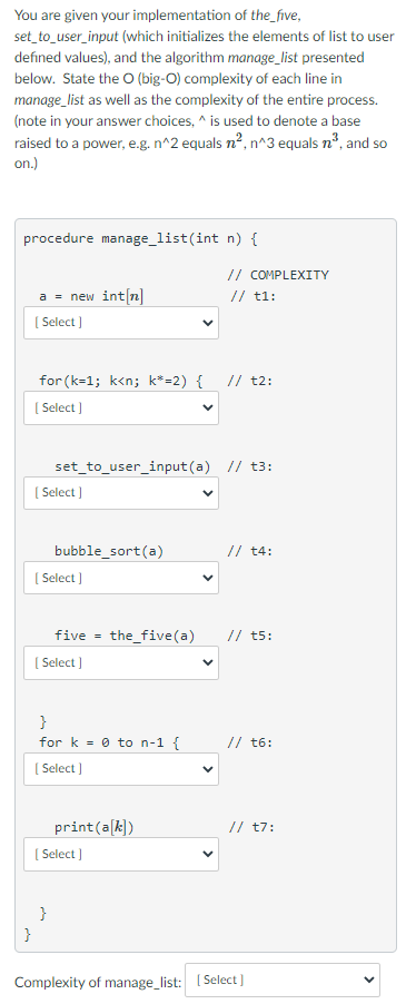 Solved [Select] [Select] O(1) Odlog n) O(n) O(n log n) | Chegg.com