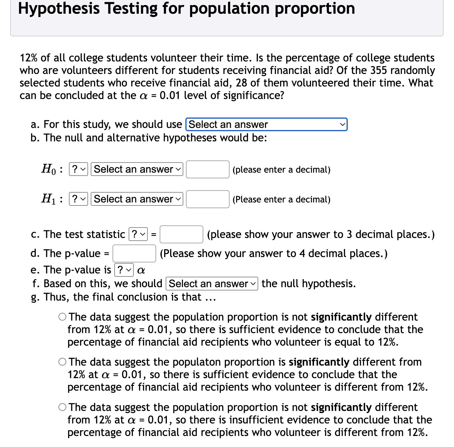Solved Hypothesis Testing for population proportion 12% of | Chegg.com