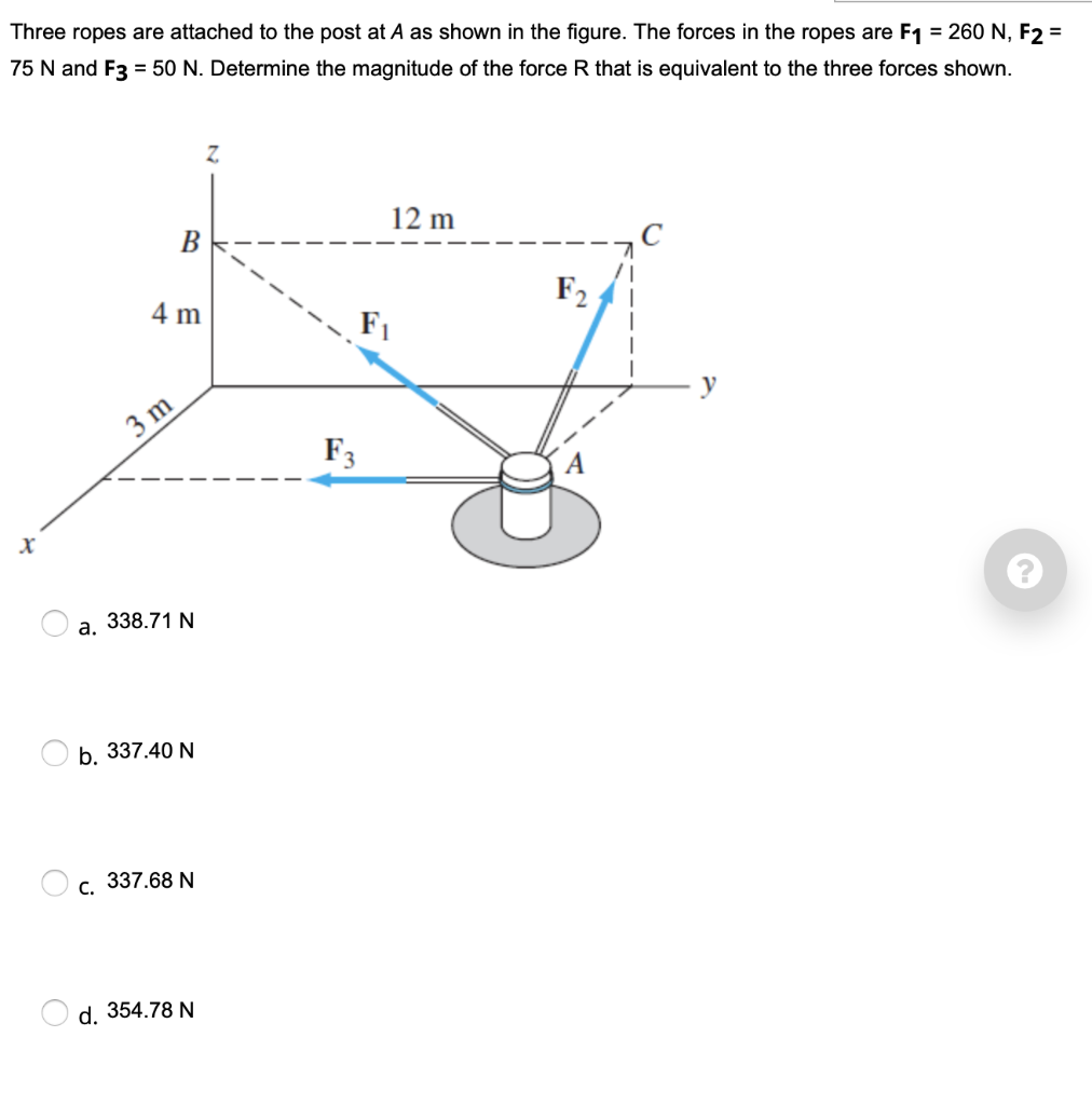 Solved Three ropes are attached to the post at A as shown in | Chegg.com