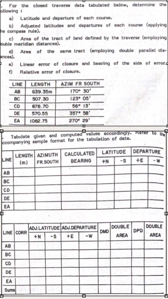 Solved For the closed traverse deta tabulated below, | Chegg.com