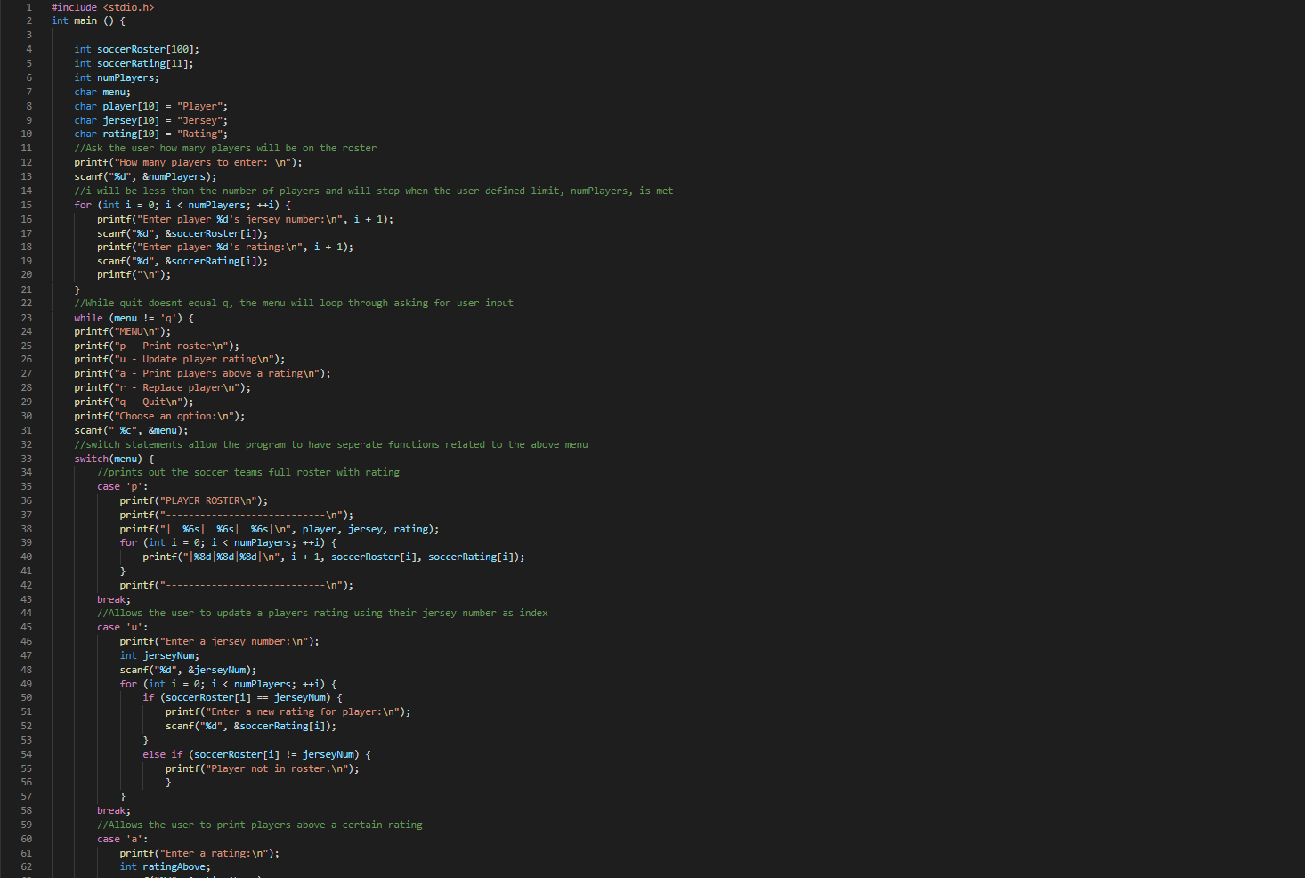 Solved I am creating a soccer roster, for my two switch | Chegg.com