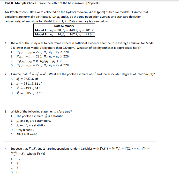 Solved Part II. Multiple Choice. Circle the letter of the | Chegg.com