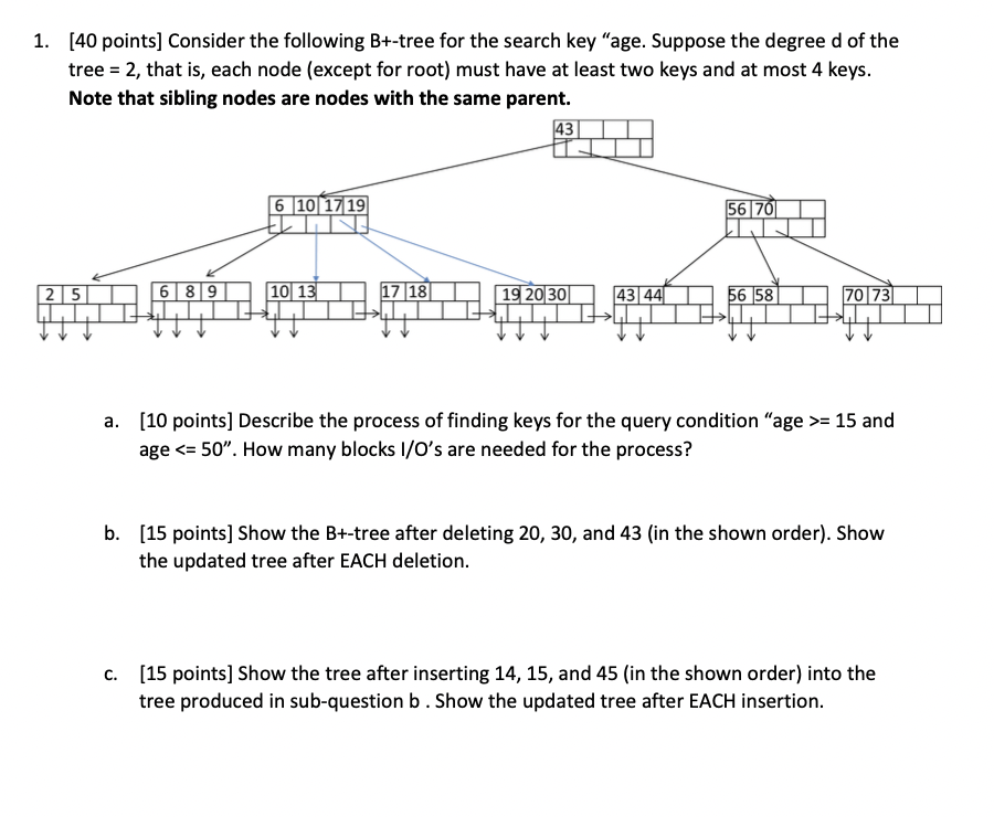 1. [40 points] Consider the following B+-tree for the | Chegg.com