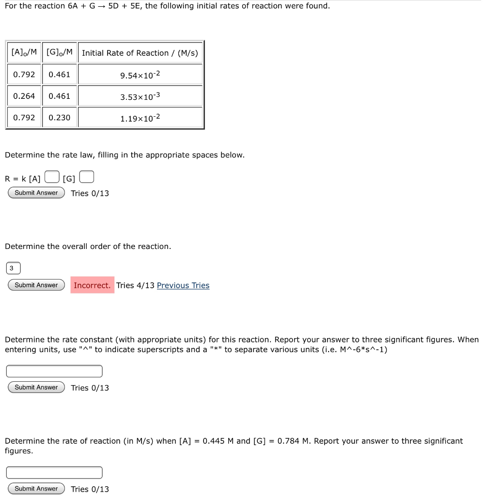 Solved For the reaction 6A + G -» 5D 5E, the following | Chegg.com
