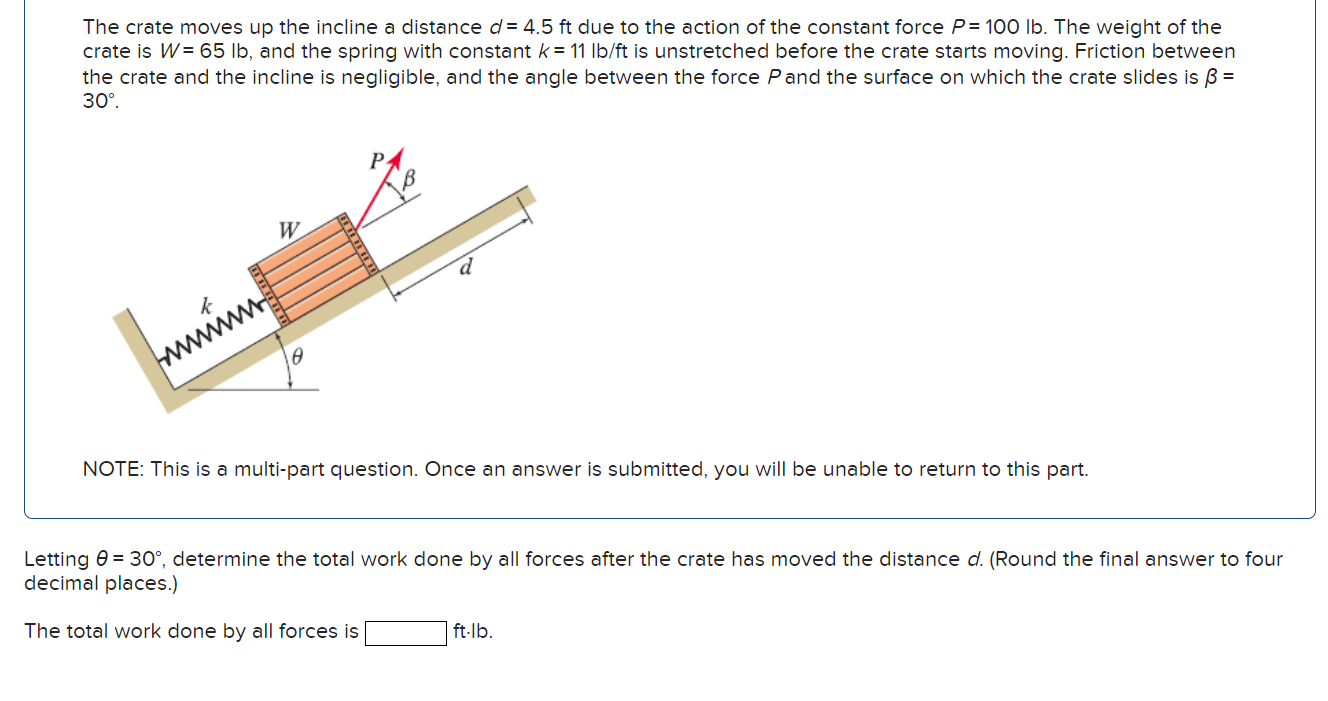 Solved The crate moves up the incline a distance d=4.5ft due | Chegg.com