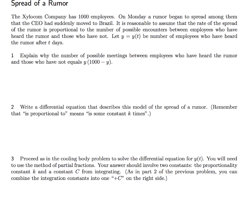 Solved Spread of a Rumor The Xylocom Company has 1000 | Chegg.com