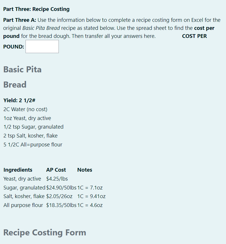 Part Three: Recipe Costing Part Three A: Use the | Chegg.com