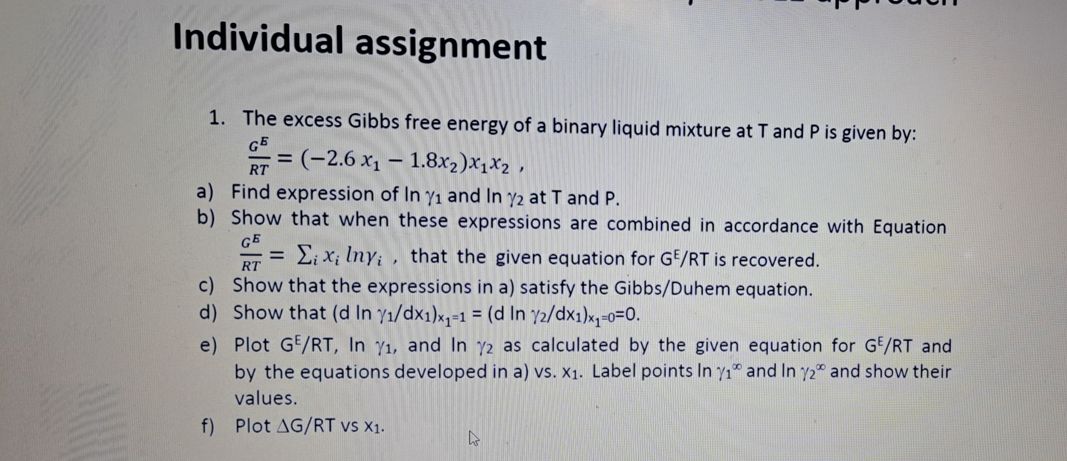 Solved Individual assignmentThe excess Gibbs free energy of | Chegg.com