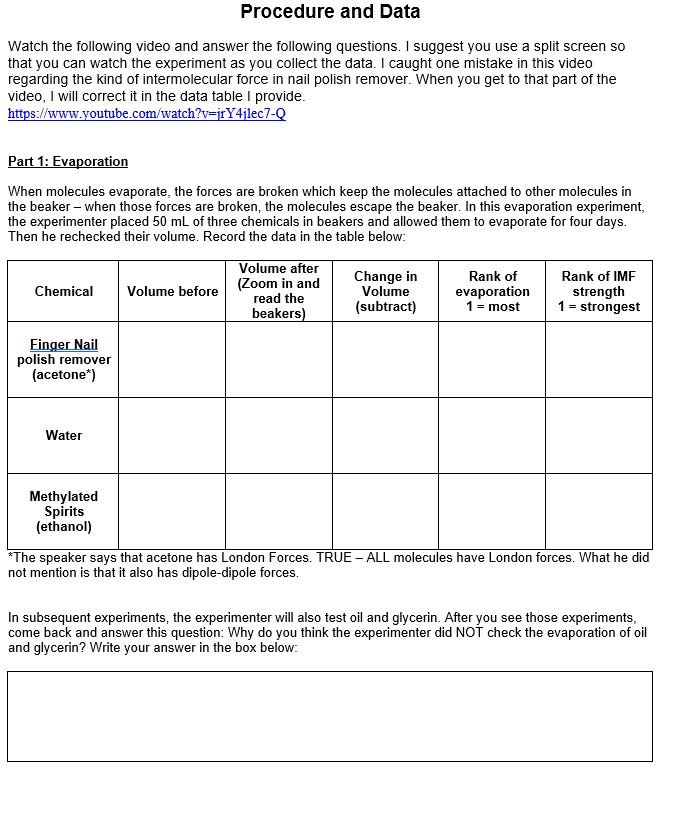 Solved Procedure and Data Watch the following video and | Chegg.com