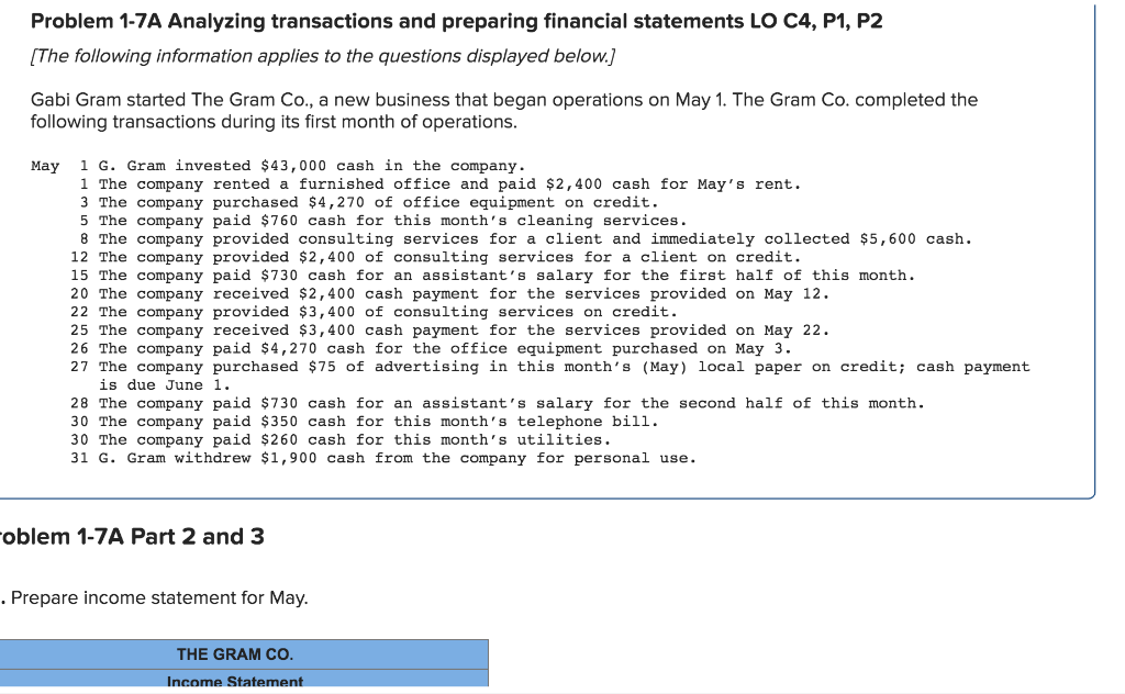 Solved Problem 1-7A Analyzing transactions and preparing | Chegg.com